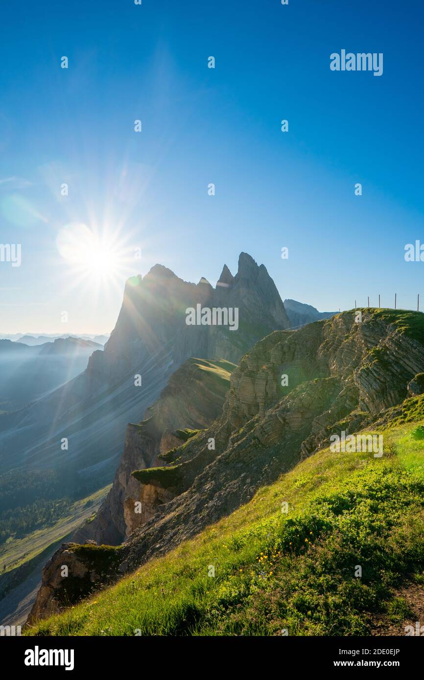 Sunrise sun view on Seceda peak in Dolomites Alps, South Tyrol, Italy ...