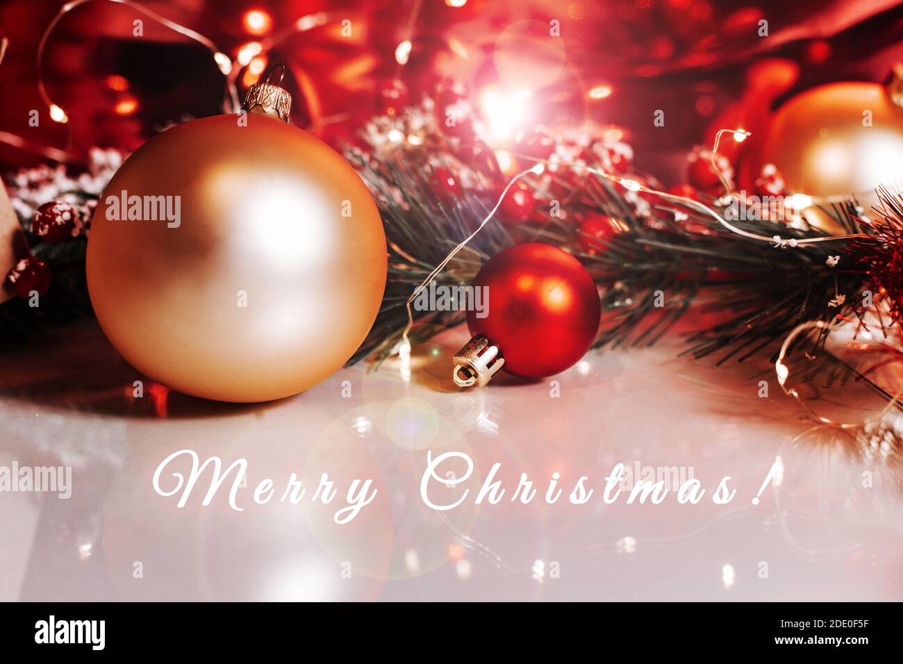 christmas background with balls, christmas gift and decorations, merry ...