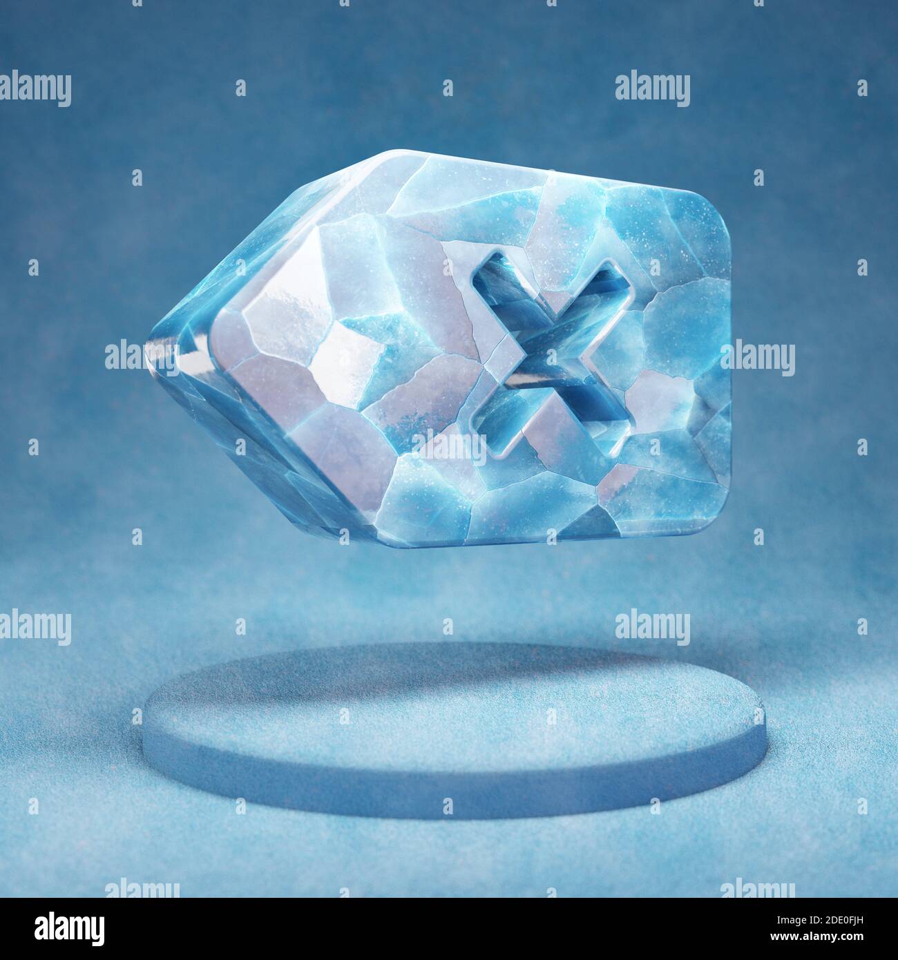 Backspace icon. Cracked blue Ice Backspace symbol on blue snow podium ...
