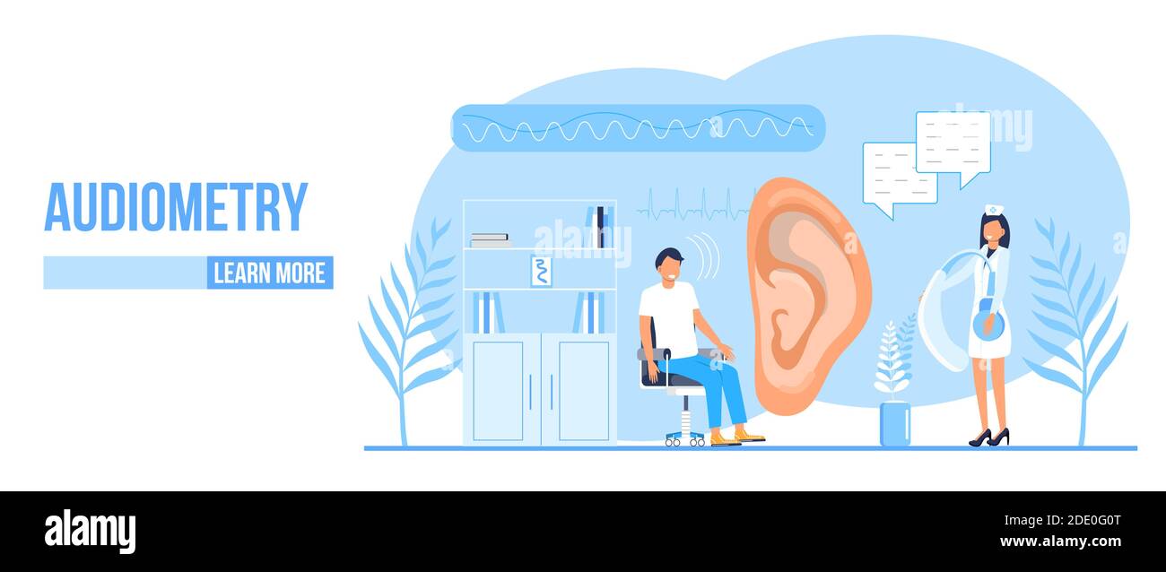 Audiometry by otolaryngologist vector web template for landing page, header. Tiny doctors treat ...