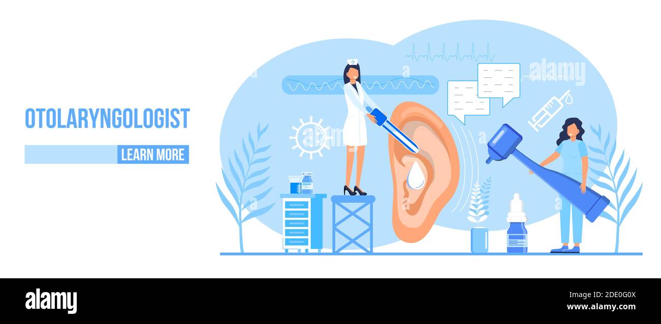 Otolaryngologist vector web template for landing page, header. Tiny doctors treat and examine ...