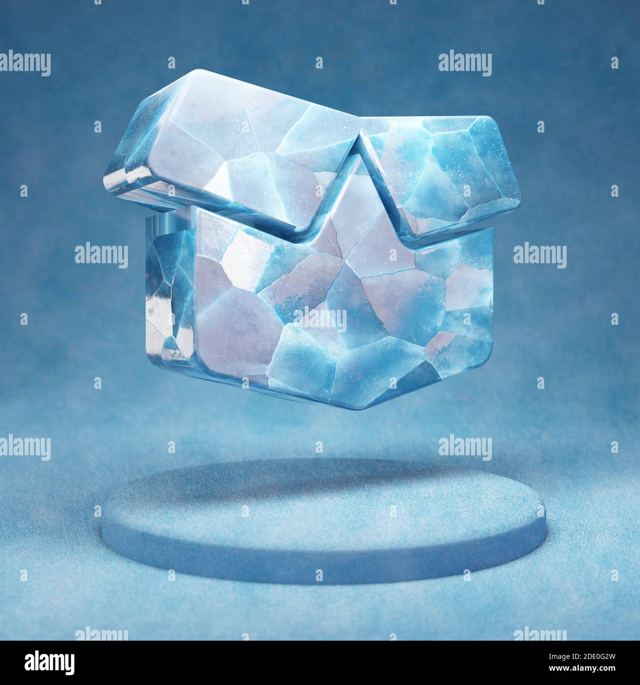 Open Box icon. Cracked blue Ice Open Box symbol on blue snow podium ...