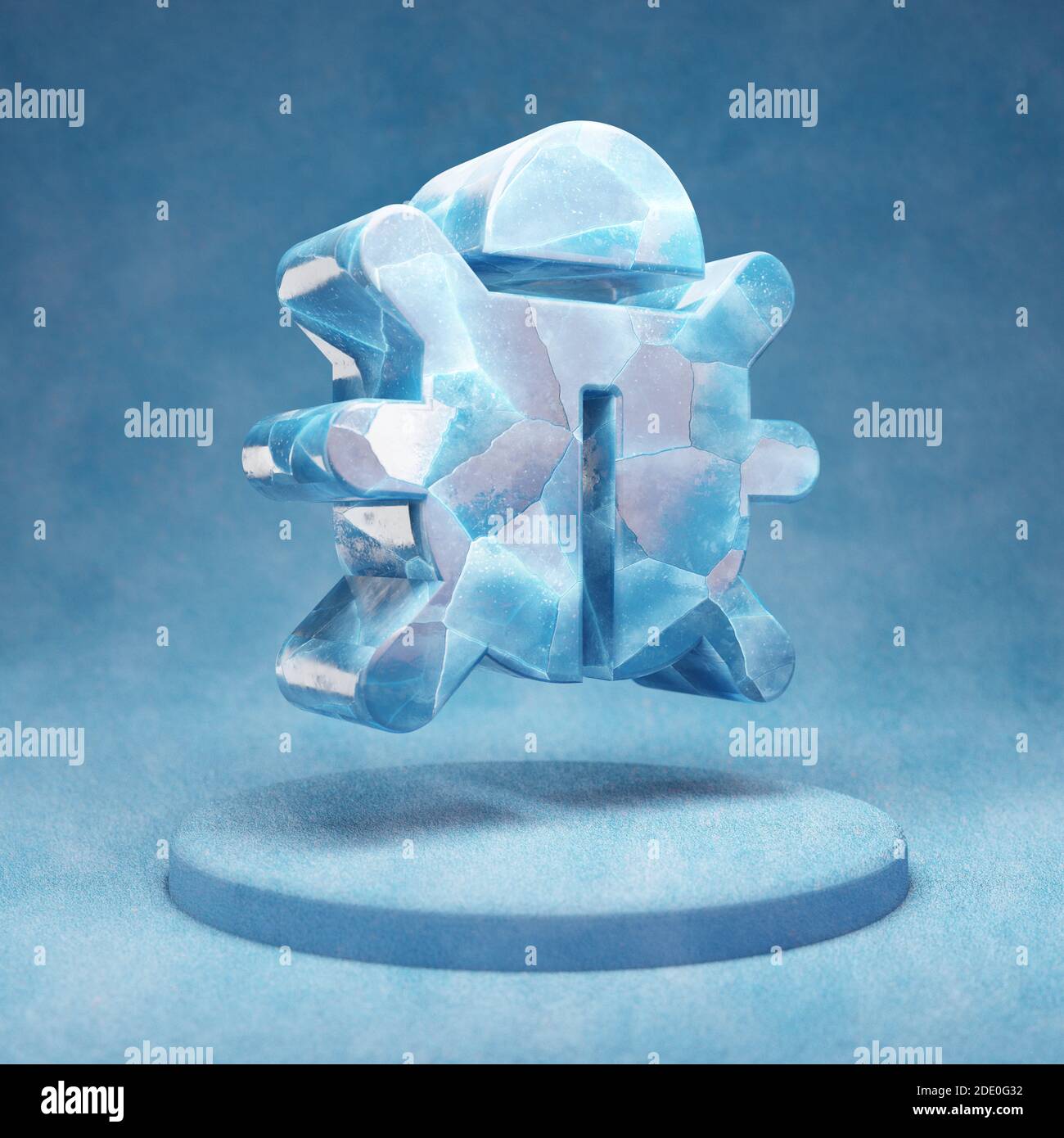 Bug icon. Cracked blue Ice Bug symbol on blue snow podium. Social Media ...