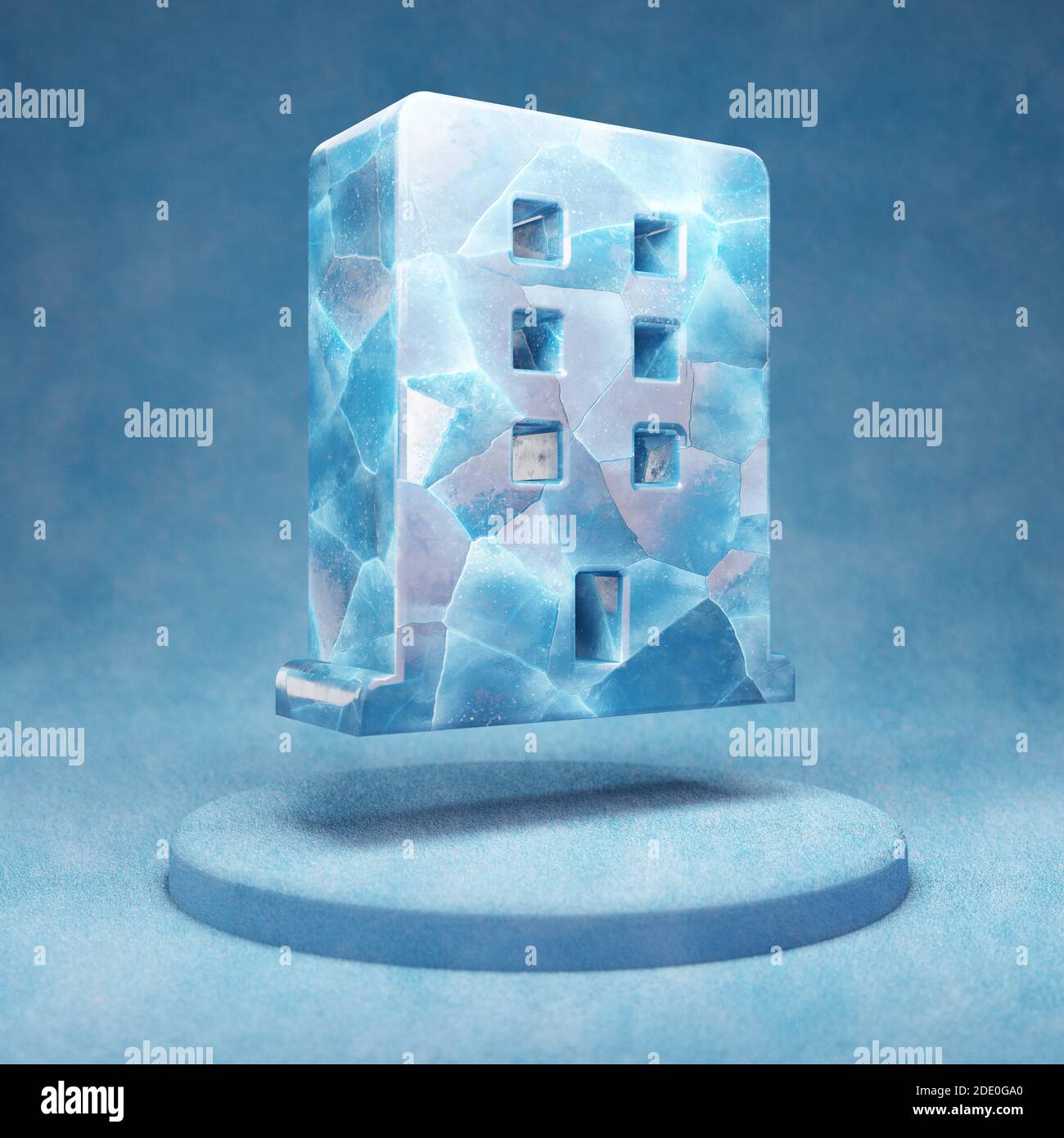 Building icon. Cracked blue Ice Building symbol on blue snow podium ...