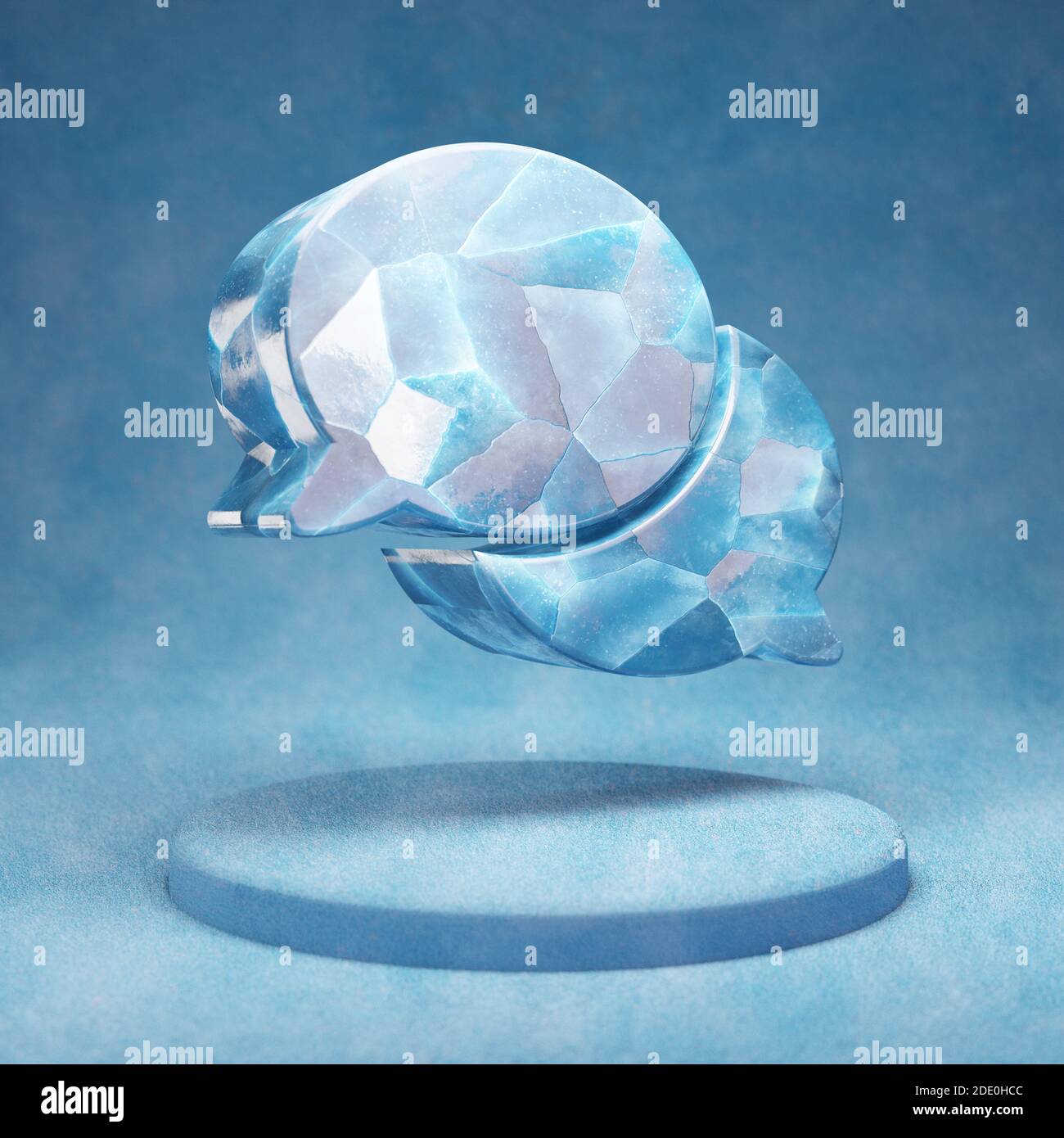 Comments icon. Cracked blue Ice Comments symbol on blue snow podium ...