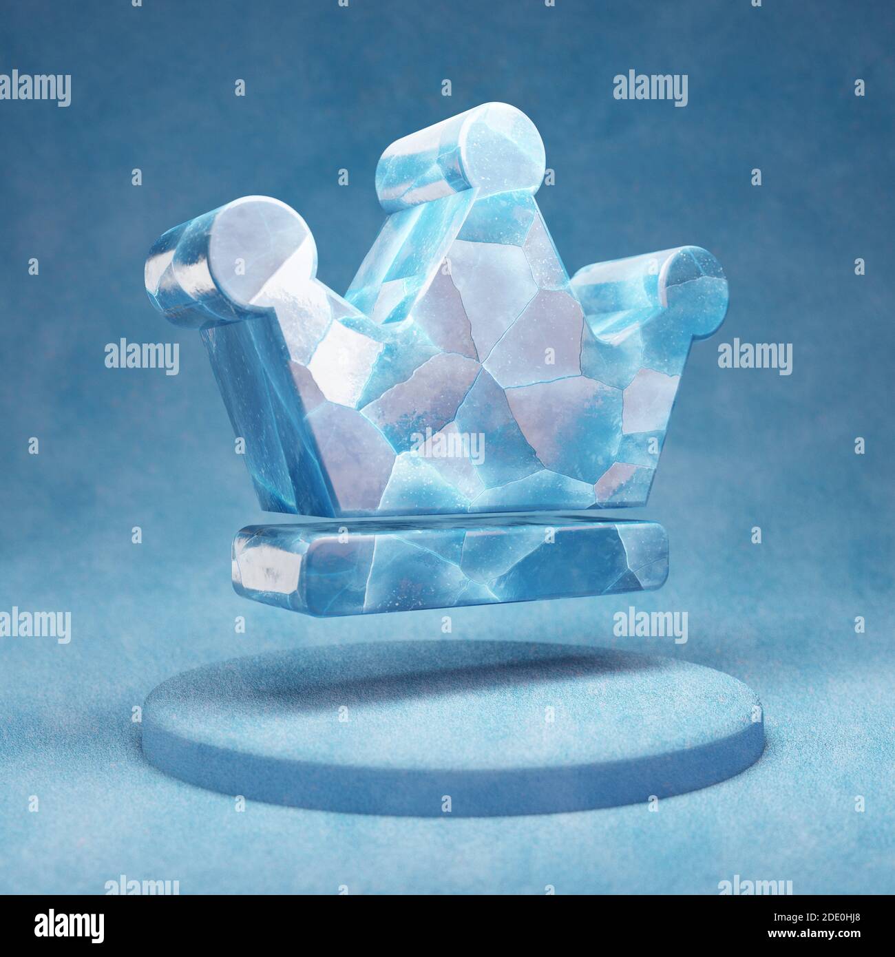 Crown icon. Cracked blue Ice Crown symbol on blue snow podium. Social ...