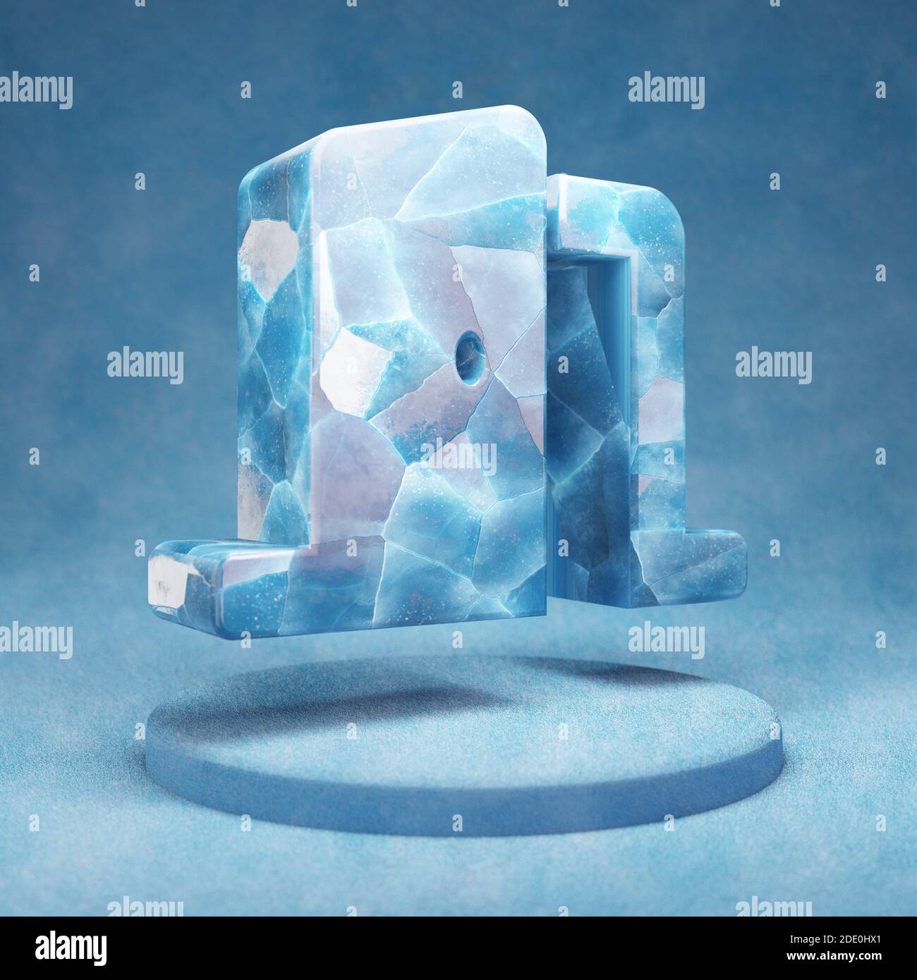 Door Open icon. Cracked blue Ice Door Open symbol on blue snow podium ...