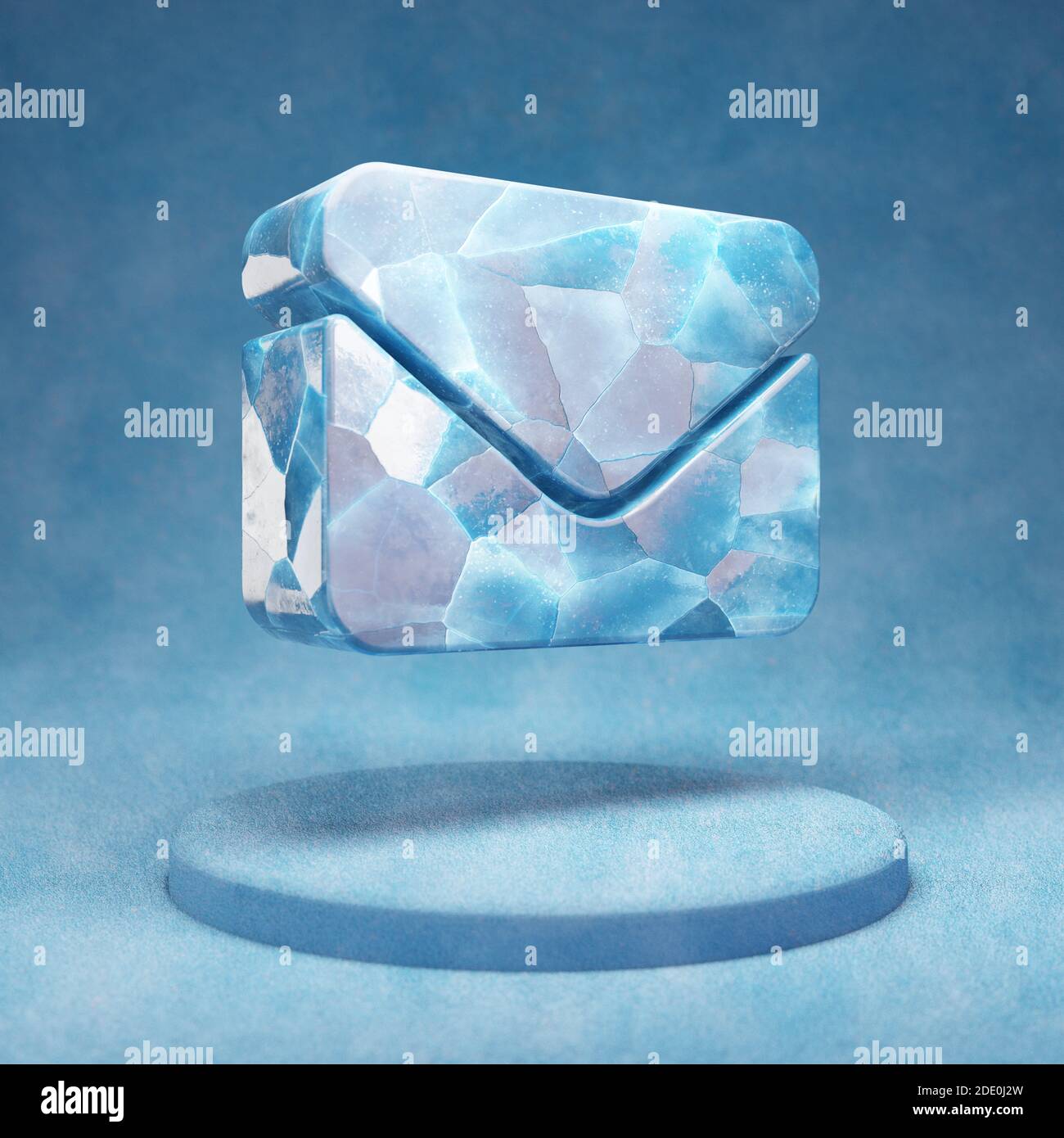 Envelope icon. Cracked blue Ice Envelope symbol on blue snow podium ...