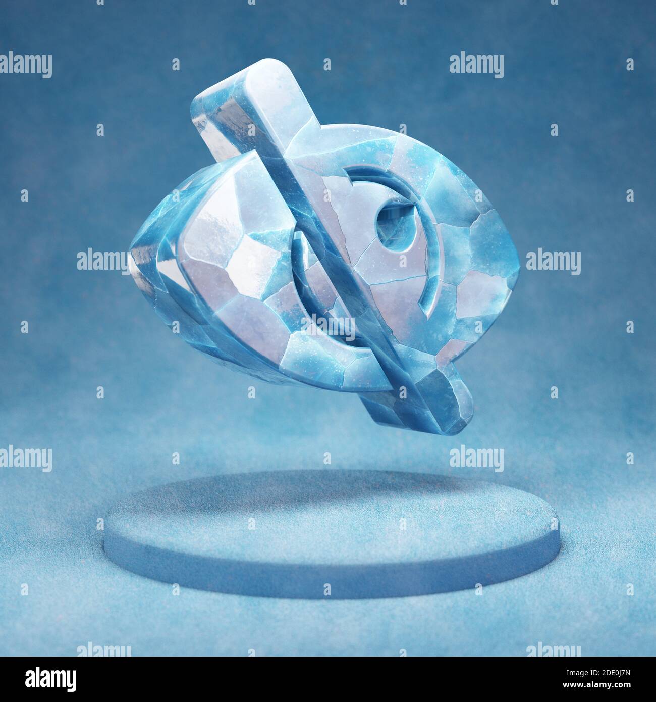 Eye Slash icon. Cracked blue Ice Eye Slash symbol on blue snow podium ...
