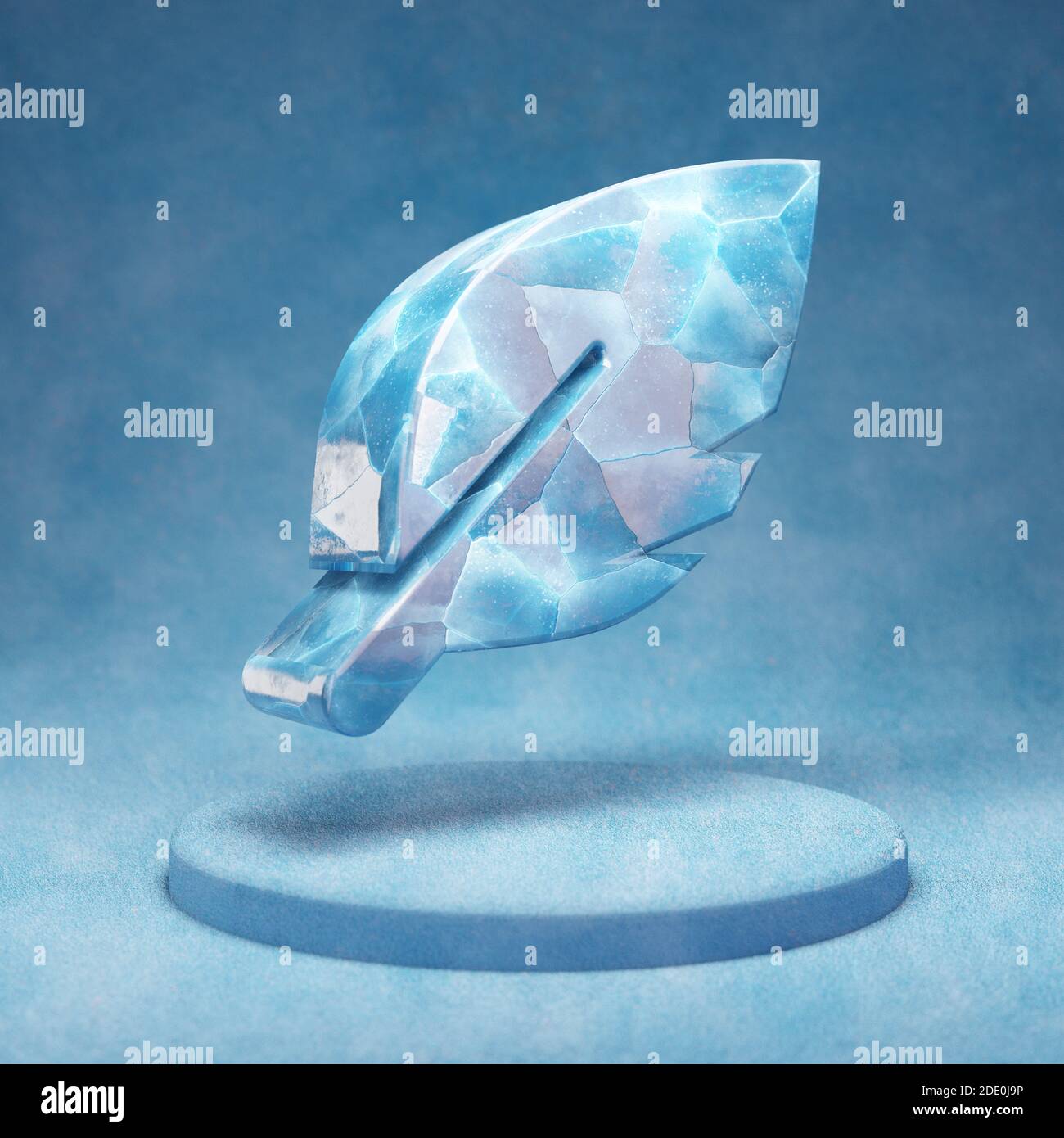 Feather icon. Cracked blue Ice Feather symbol on blue snow podium ...