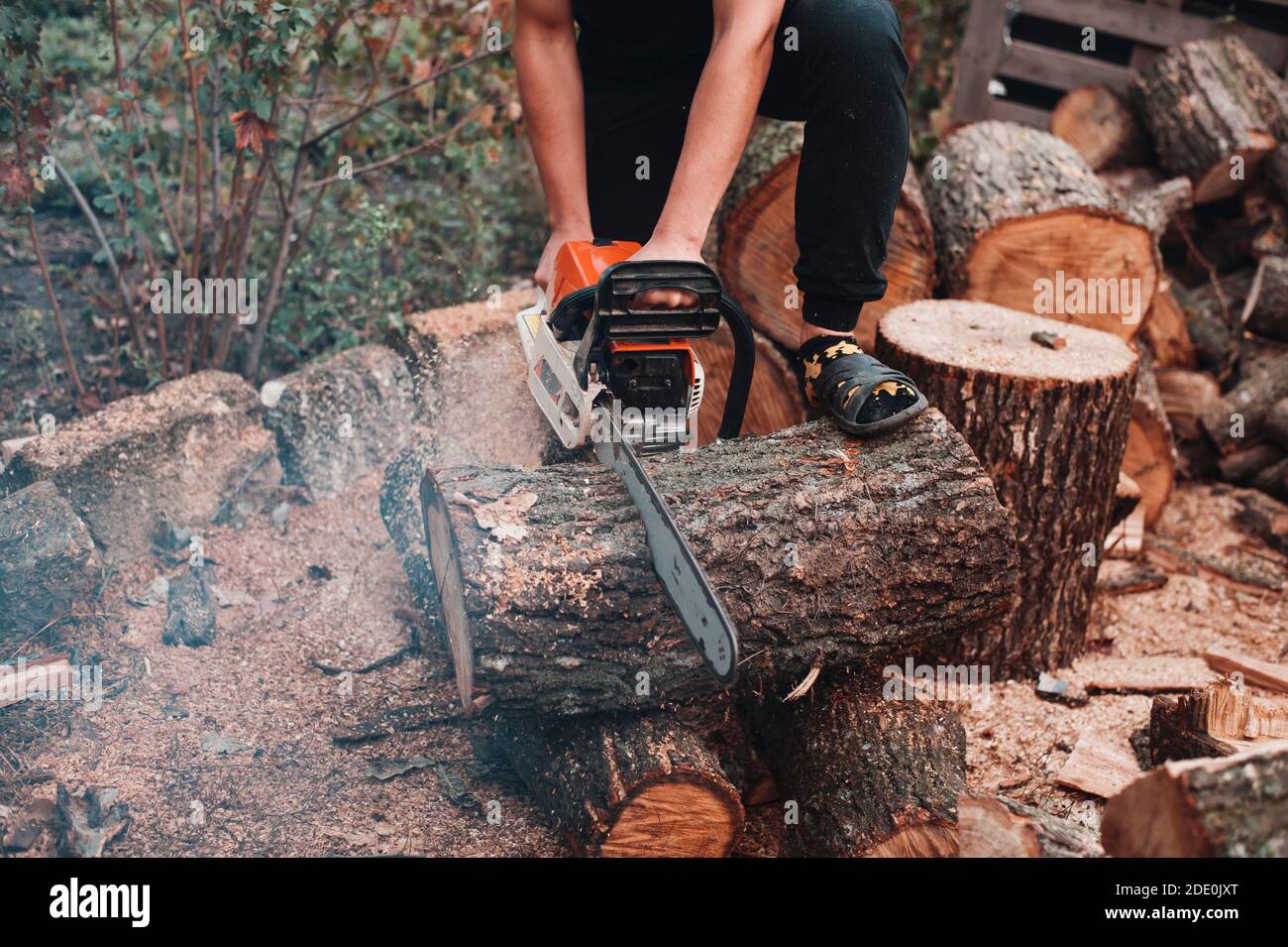 Man chainsaw cutting log hi-res stock photography and images - Alamy