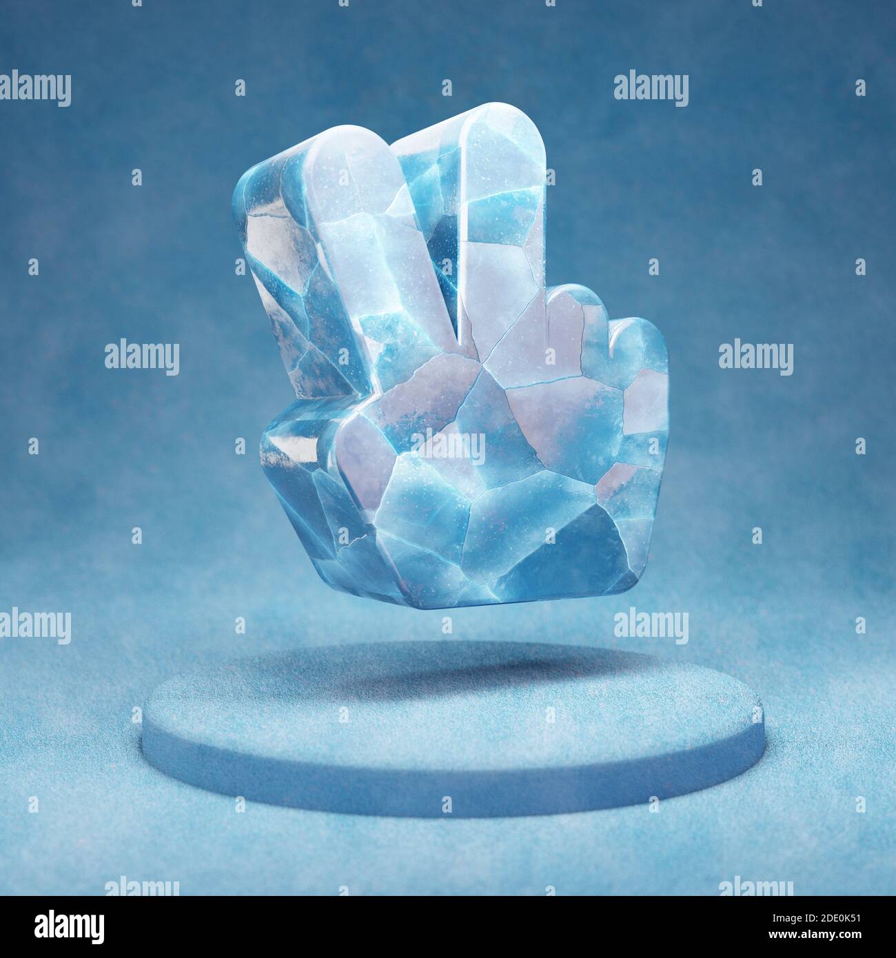 Hand Peace icon. Cracked blue Ice Hand Peace symbol on blue snow podium ...