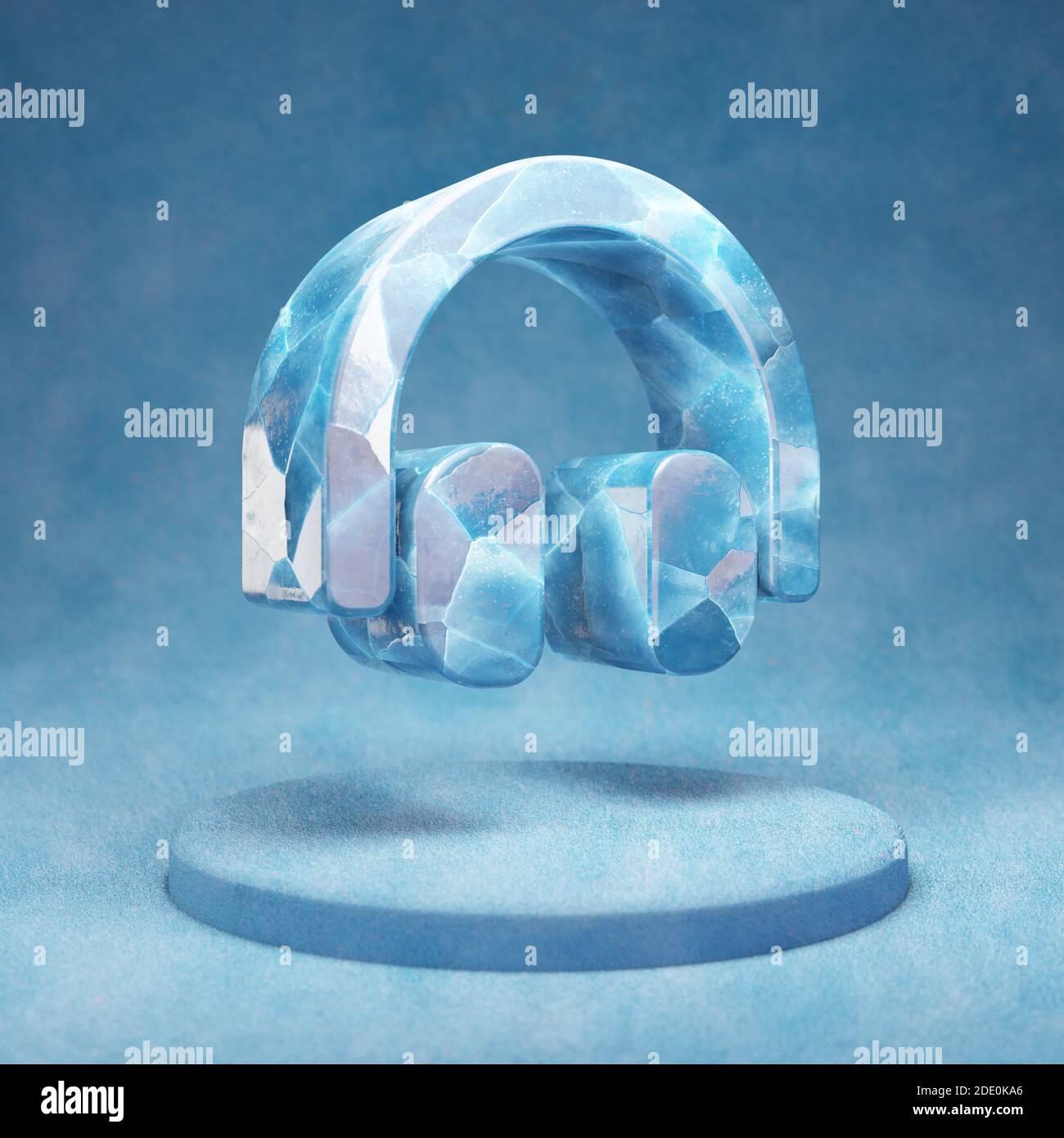 Headphones icon. Cracked blue Ice Headphones symbol on blue snow podium ...