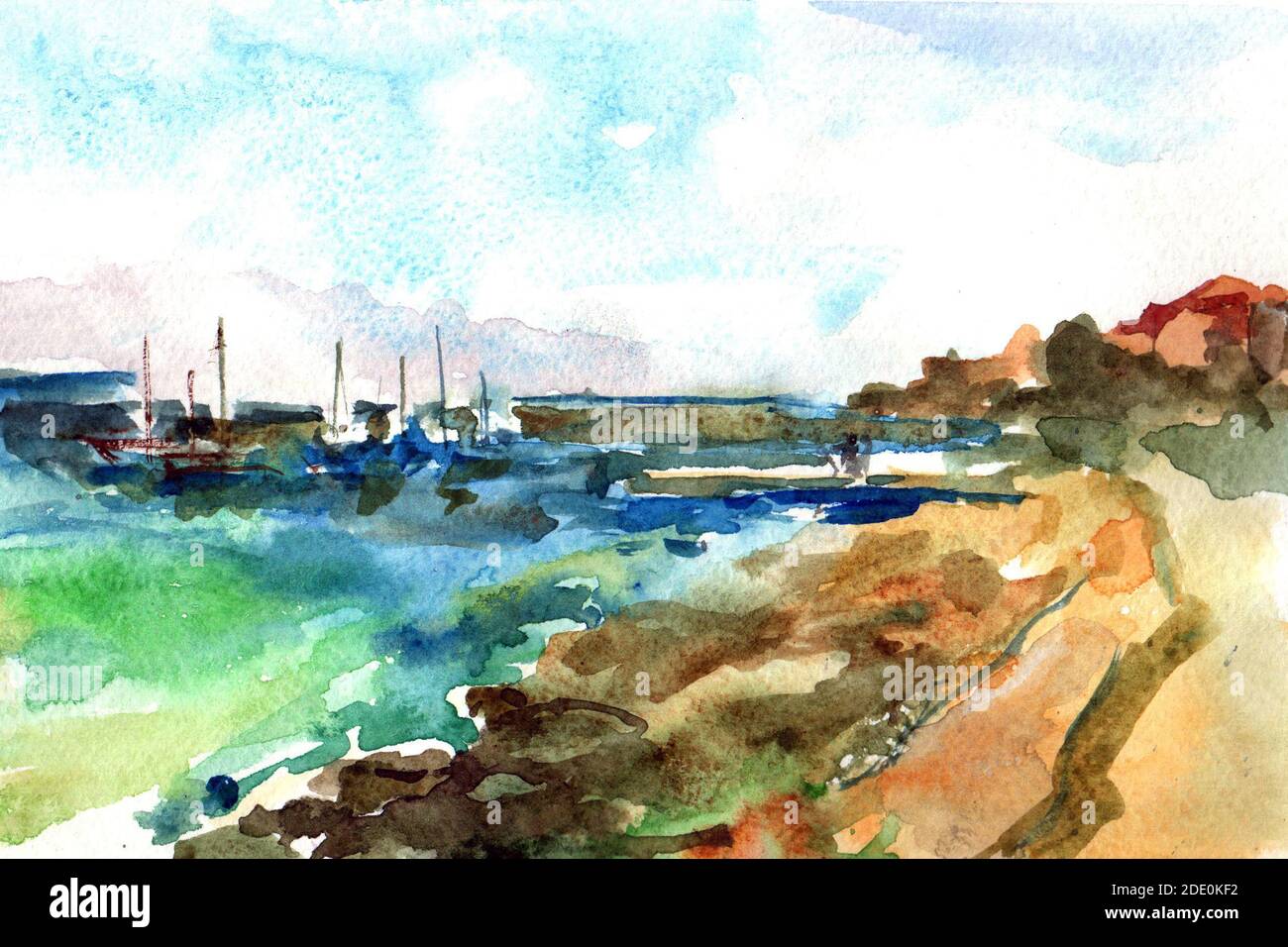 Watercolor illustration of the sea coast in a small coastal town, hand ...