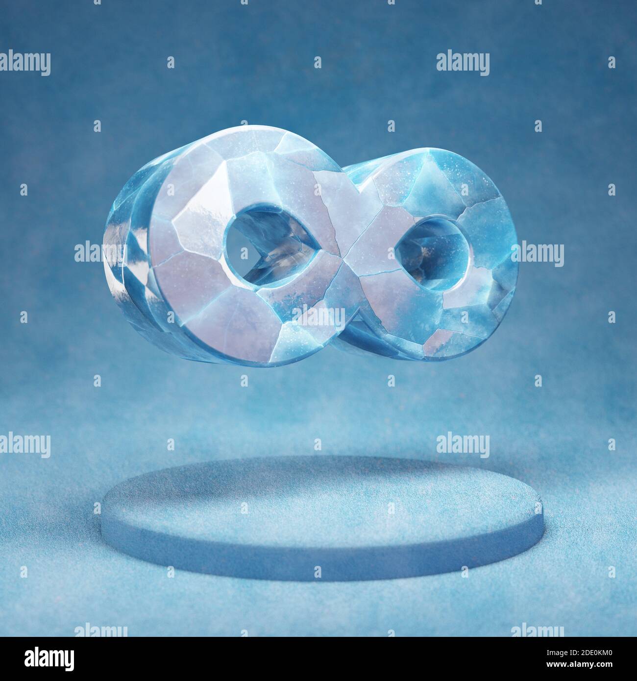 Infinity icon. Cracked blue Ice Infinity symbol on blue snow podium ...