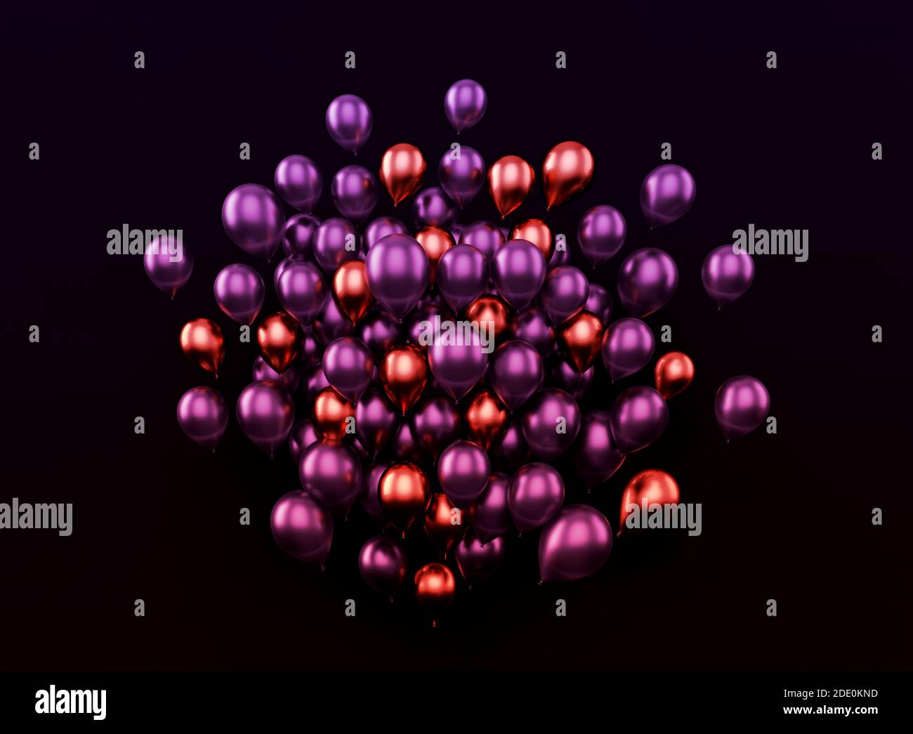 many flying shiny metallic color balloons on black background, 3d ...