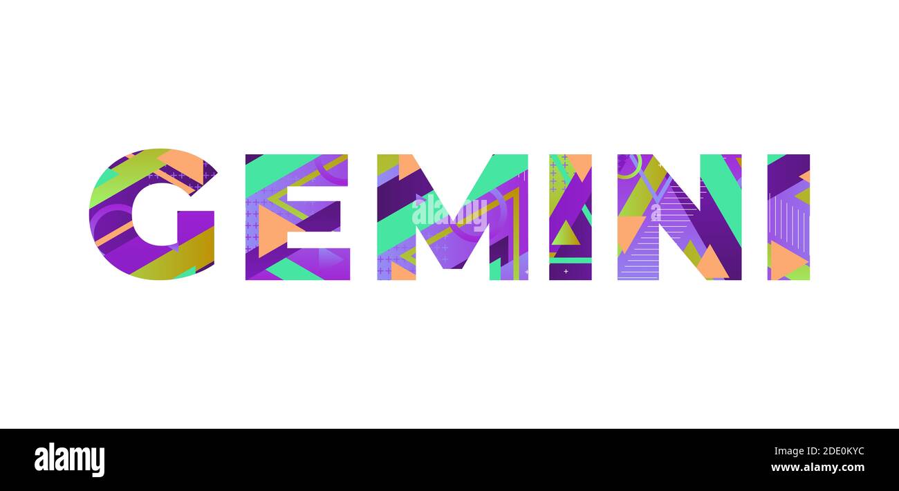 The word GEMINI concept written in colorful retro shapes and colors ...
