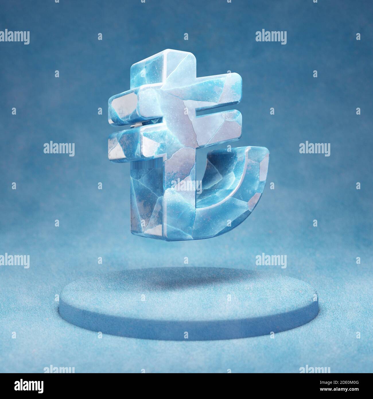 Lira icon. Cracked blue Ice Lira symbol on blue snow podium. Social ...