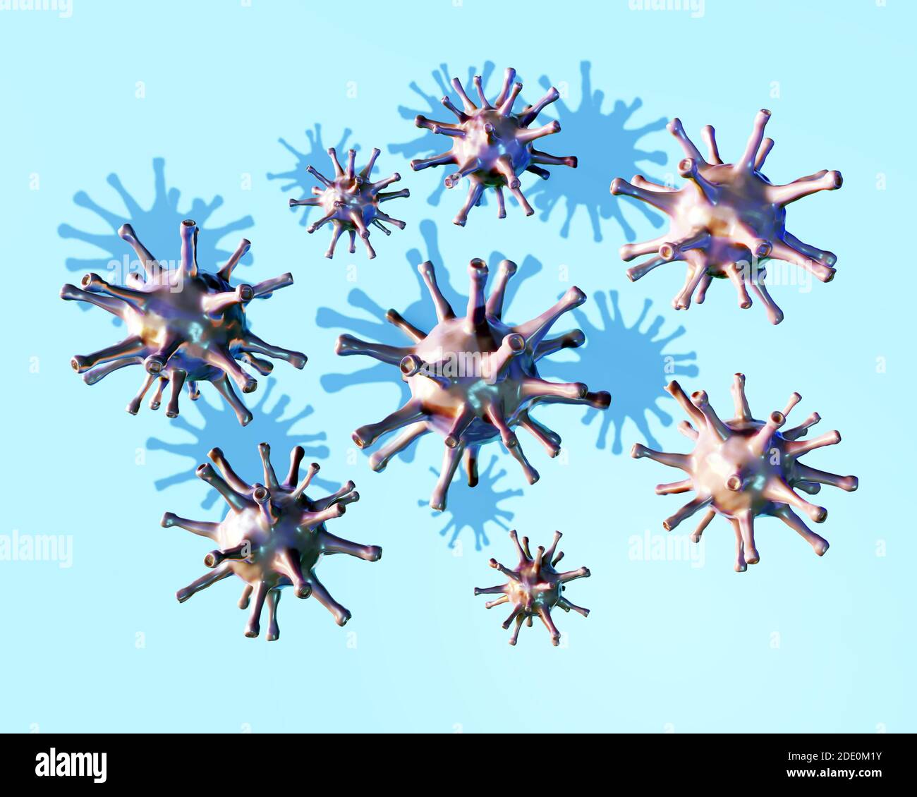 Floating beautiful shiny viruses on blue background, 3d illustration ...