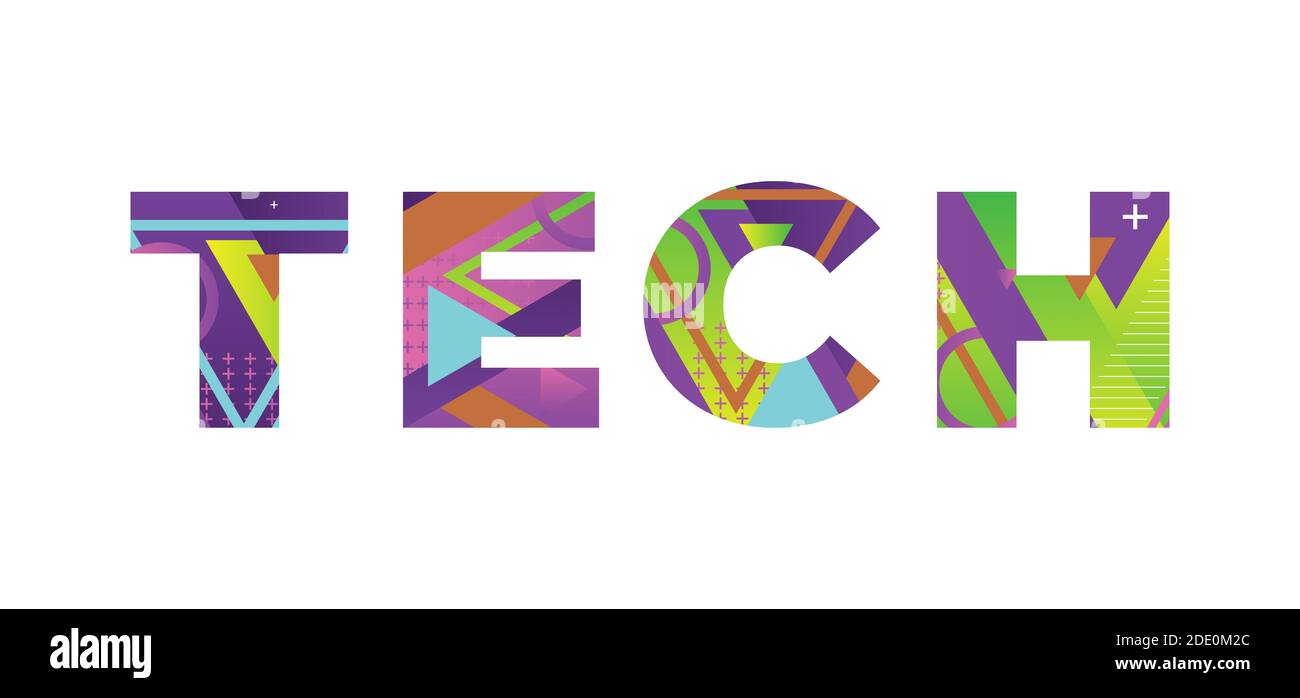 The word TECH concept written in colorful retro shapes and colors ...