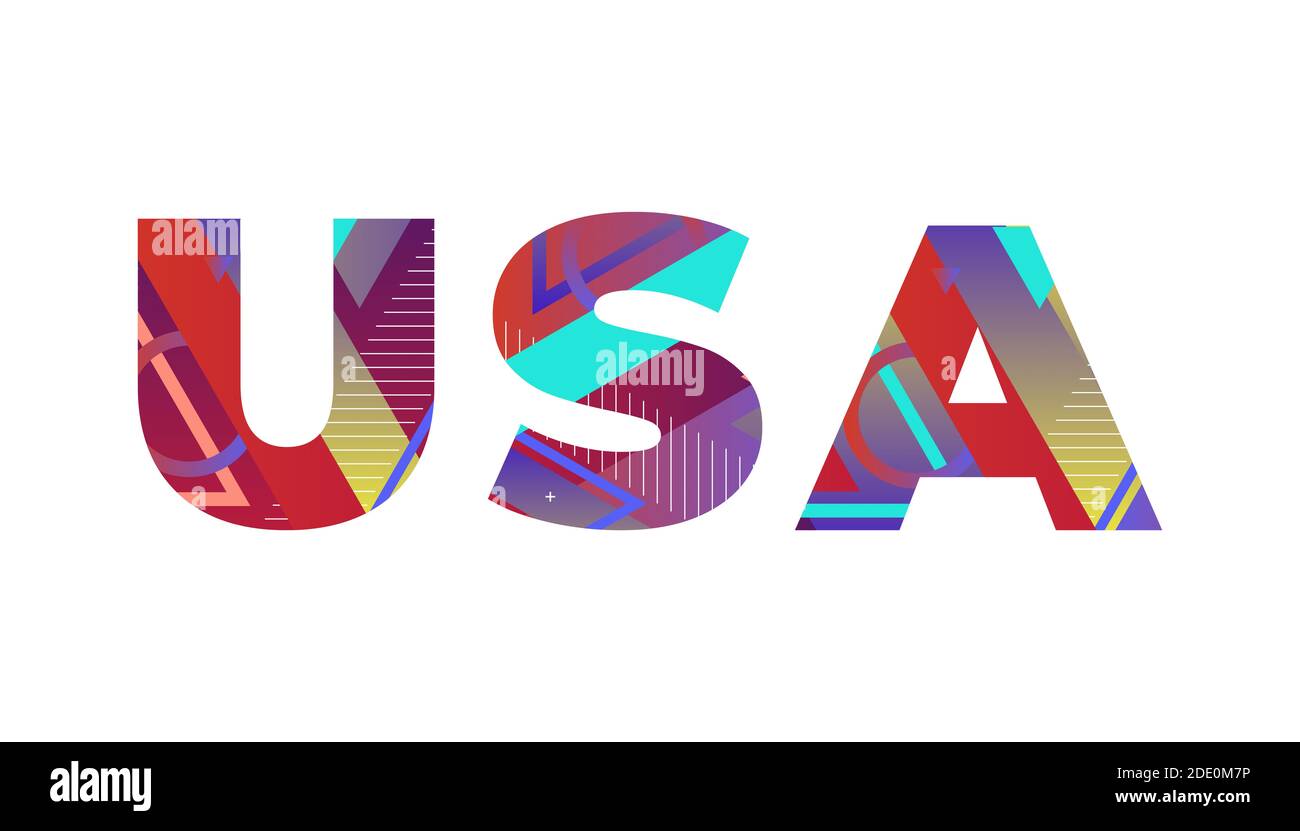 The word USA concept written in colorful retro shapes and colors ...