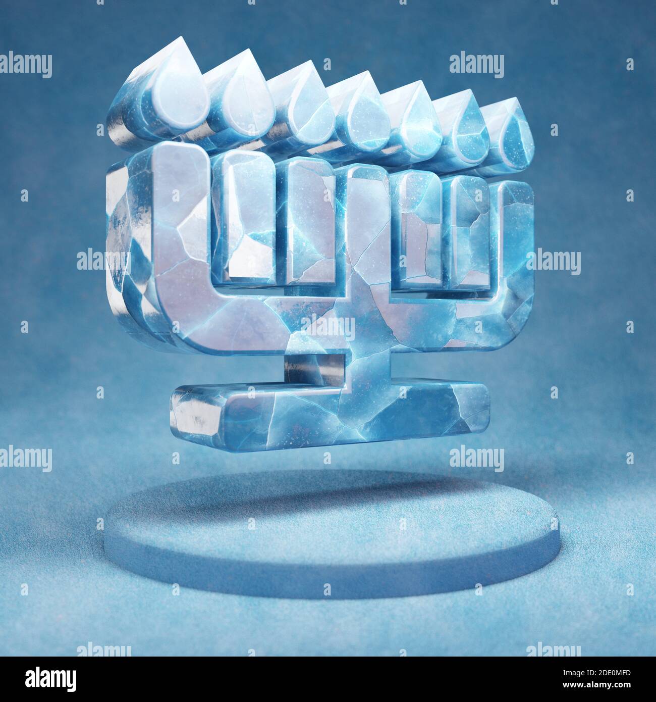 Menorah icon. Cracked blue Ice Menorah symbol on blue snow podium ...