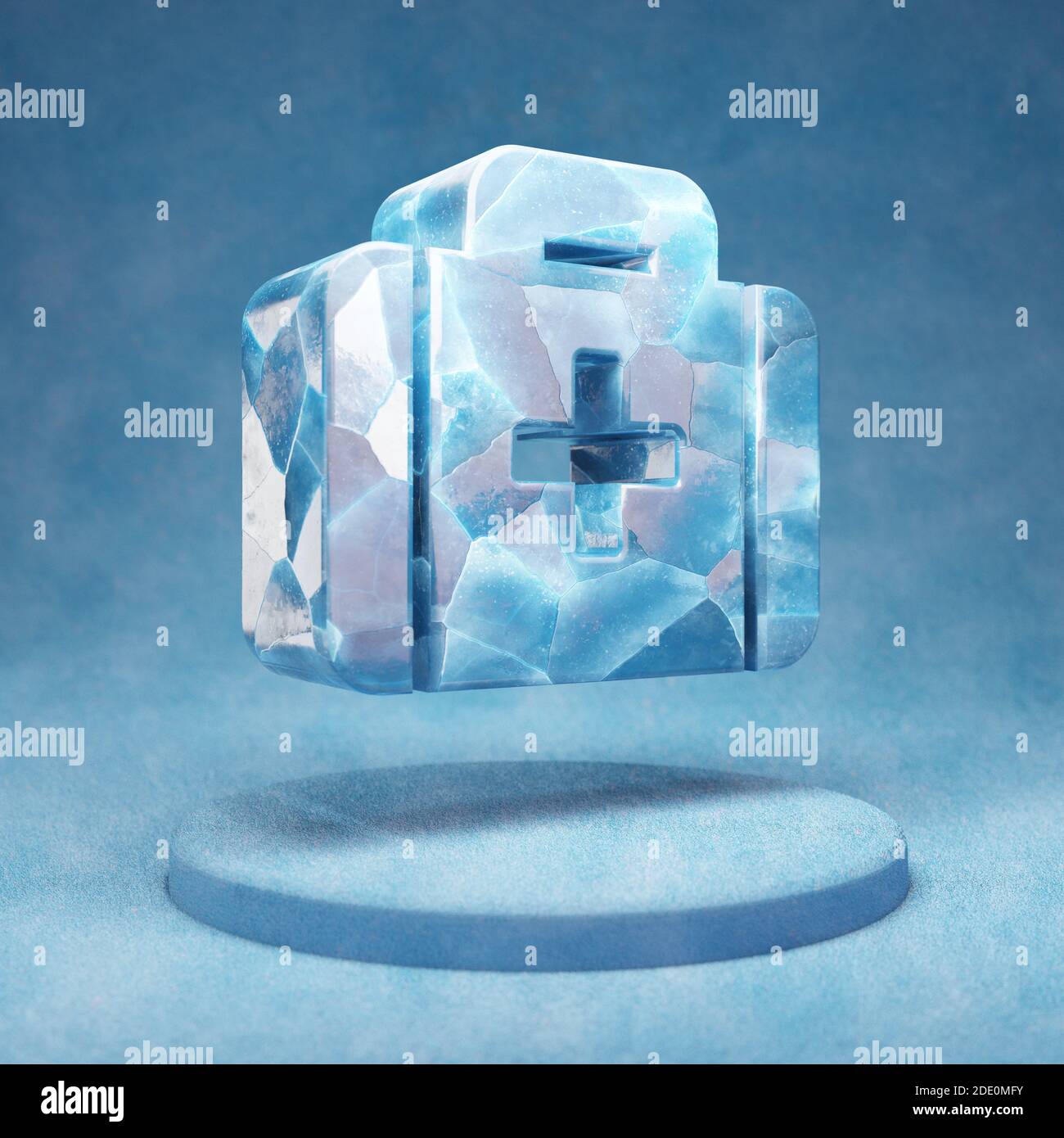 Medkit icon. Cracked blue Ice Medkit symbol on blue snow podium. Social ...