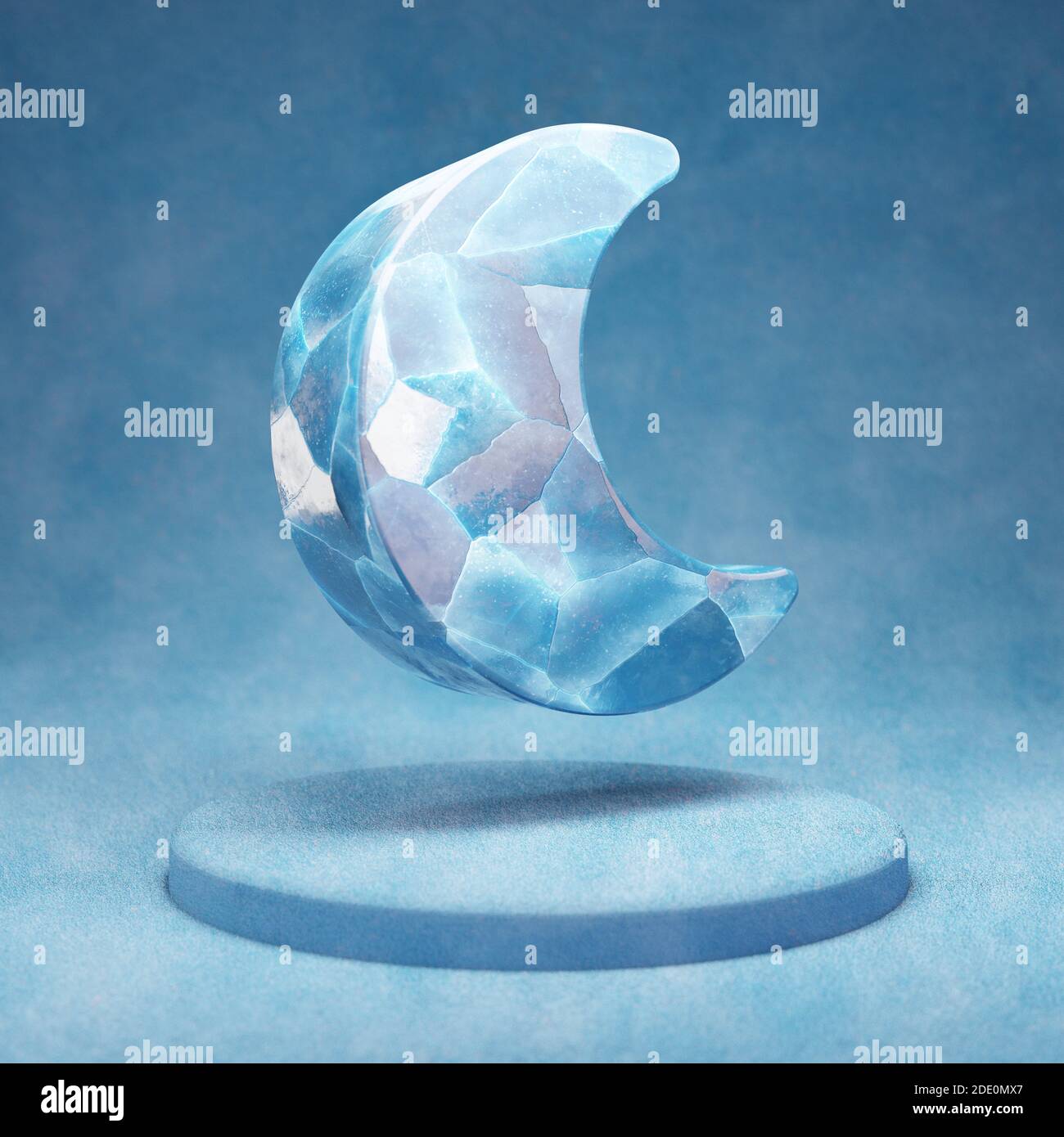 Moon icon. Cracked blue Ice Moon symbol on blue snow podium. Social ...