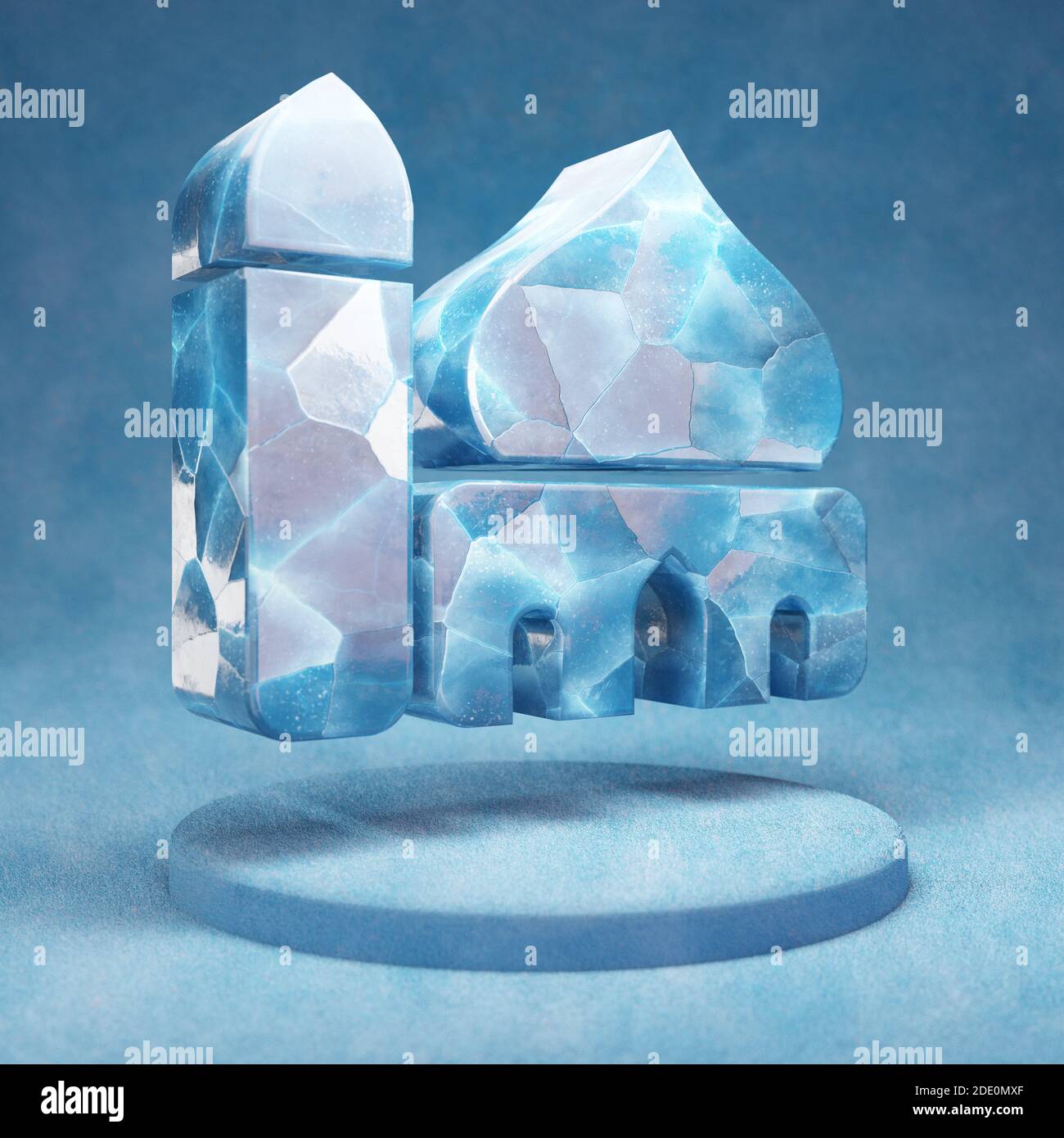 Mosque icon. Cracked blue Ice Mosque symbol on blue snow podium. Social ...