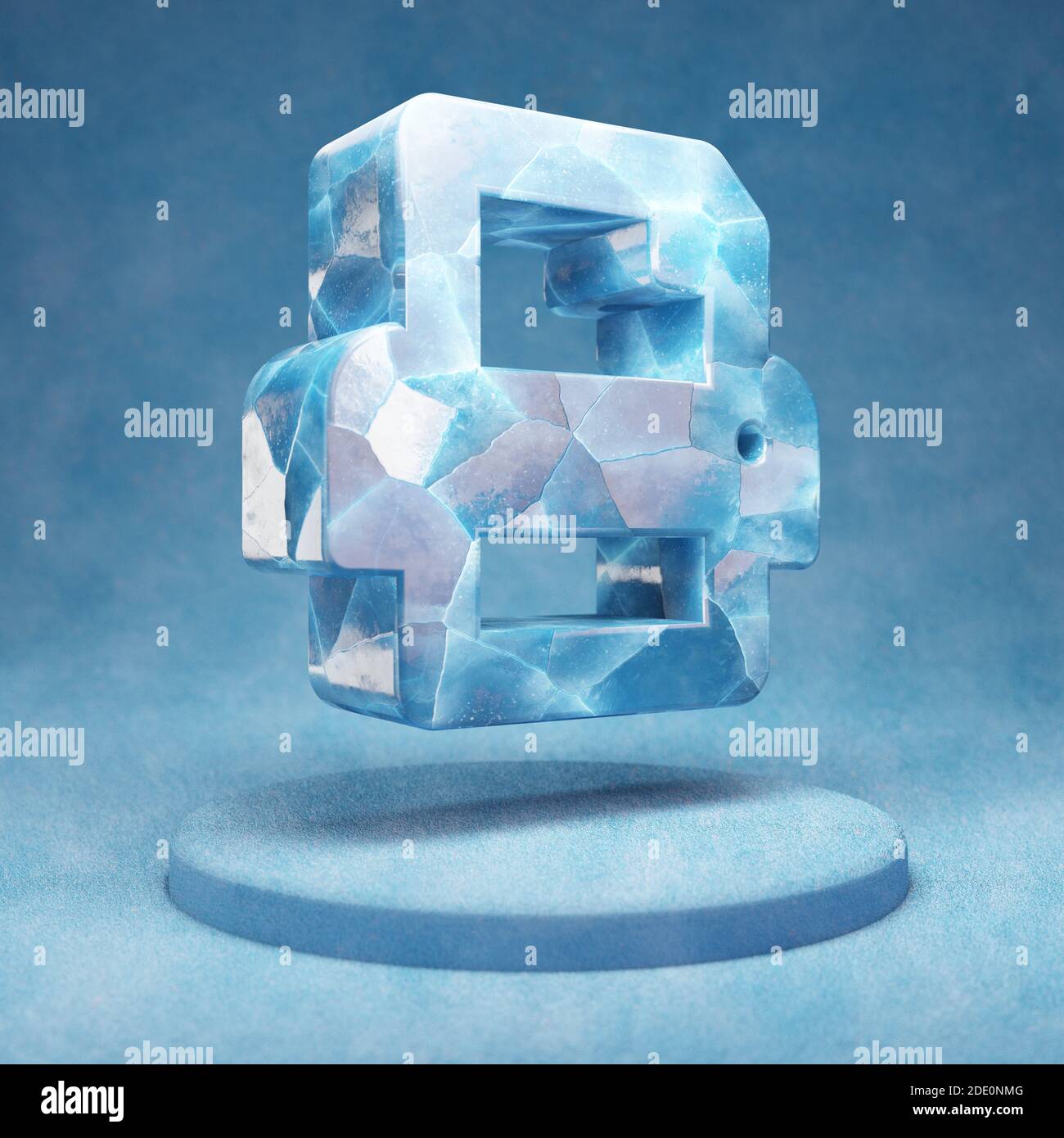 Printer icon. Cracked blue Ice Printer symbol on blue snow podium ...