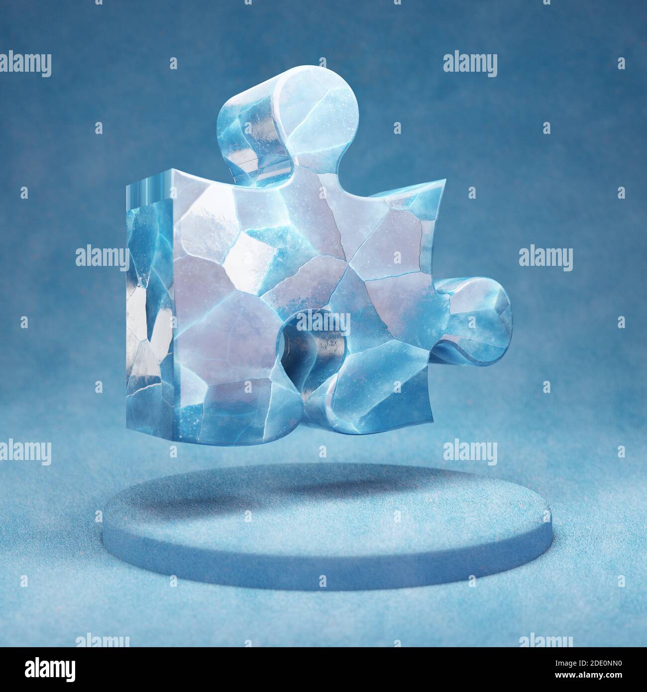 Puzzle icon. Cracked blue Ice Puzzle symbol on blue snow podium. Social ...