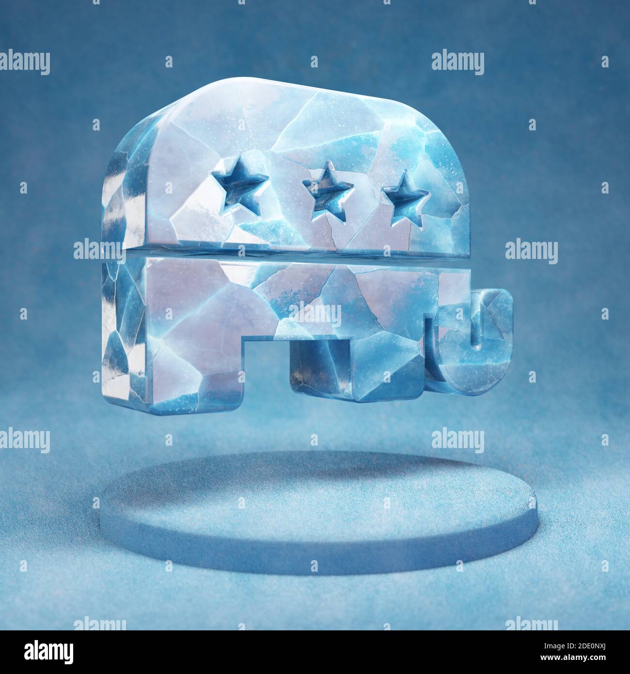 Republican icon. Cracked blue Ice Republican symbol on blue snow podium ...