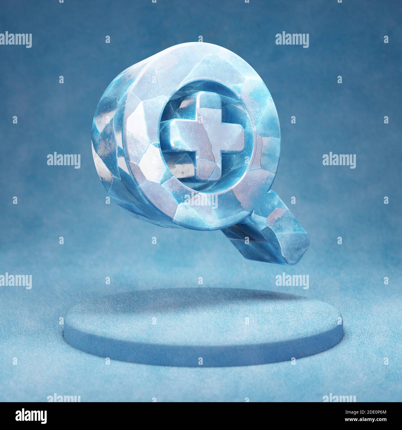 Zoom In icon. Cracked blue Ice Zoom In symbol on blue snow podium ...