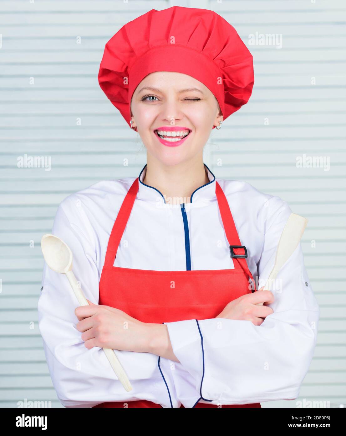 Lady adorable chef teach culinary arts. Culinary show concept. Woman ...