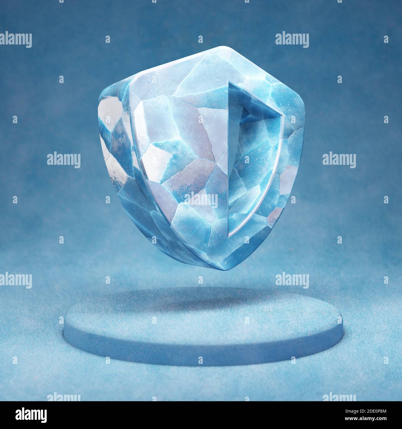 Shield icon. Cracked blue Ice Shield symbol on blue snow podium. Social ...