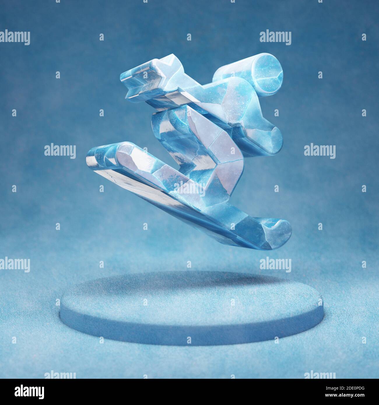 Skiing icon. Cracked blue Ice Skiing symbol on blue snow podium. Social ...