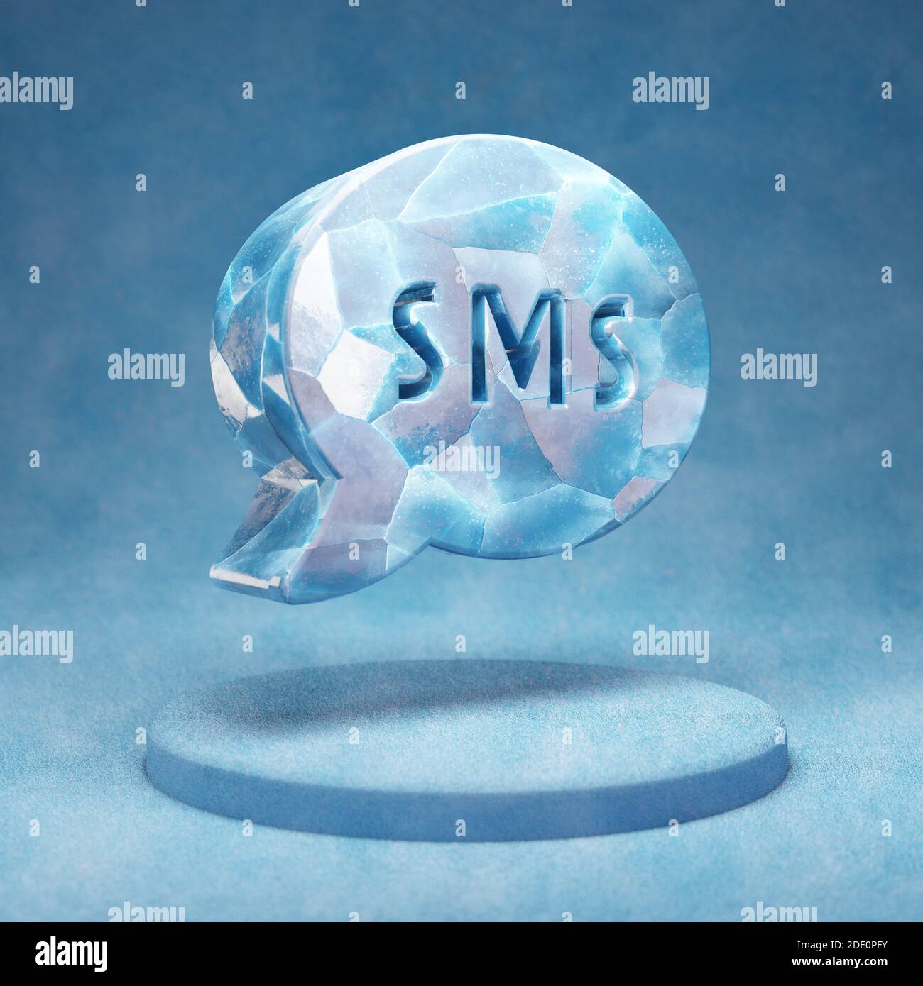 SMS icon. Cracked blue Ice SMS symbol on blue snow podium. Social Media ...