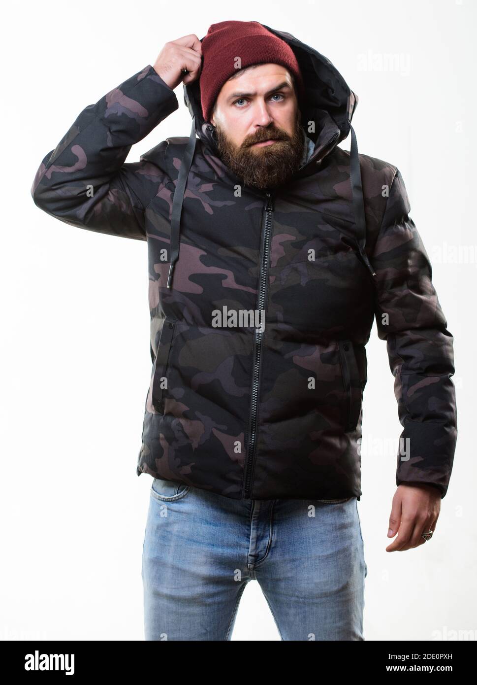 Guy wear hat and black winter jacket. Comfortable winter outfit. Winter ...