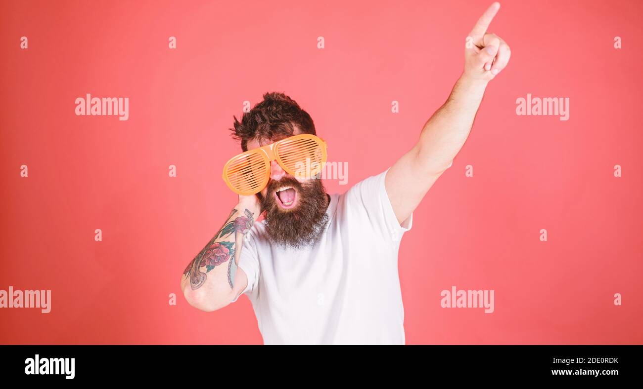 Man bearded hipster wears giant louvered sunglasses. Sunglasses ...