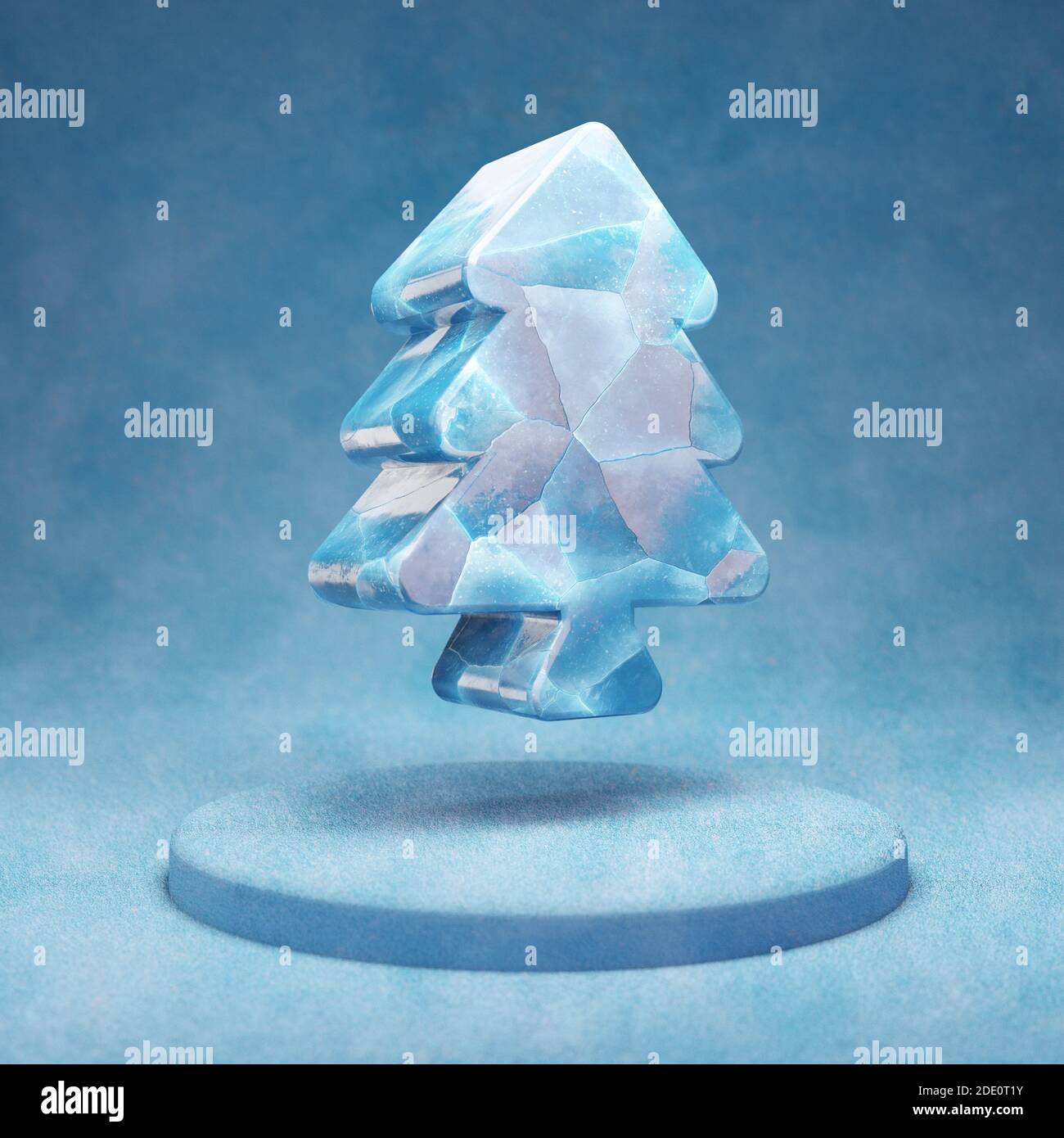 Christmas Tree icon. Cracked blue Ice Christmas Tree symbol on blue ...