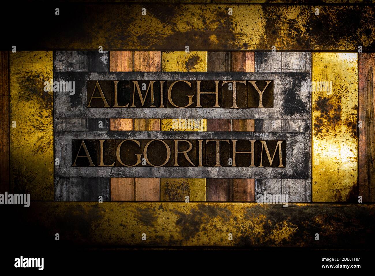 Almighty Algorithm text on textured grunge copper and vintage gold ...