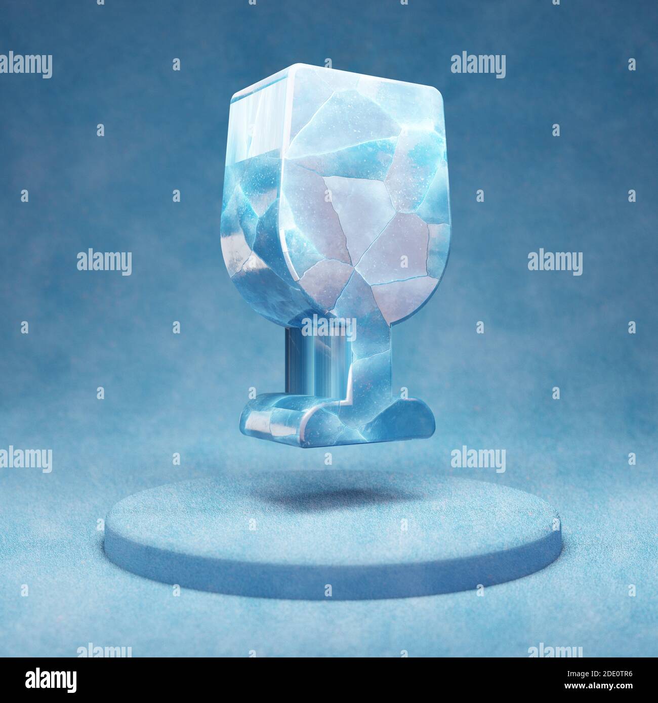 Wine Glass icon. Cracked blue Ice Wine Glass symbol on blue snow podium ...