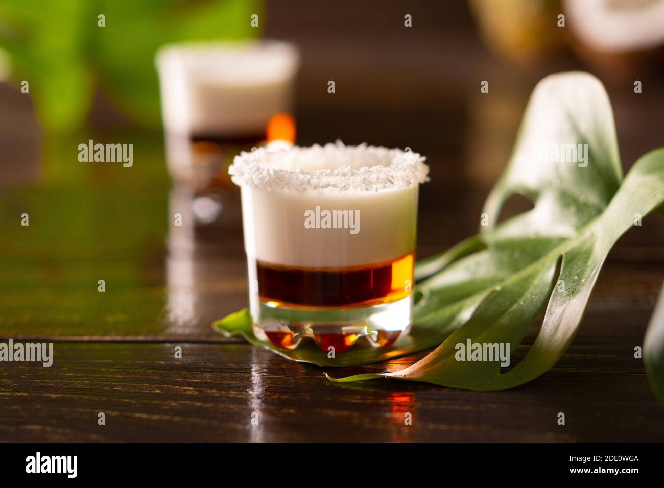 Tropical alcoholic shots decorated with coconut flakes, monstera flower ...