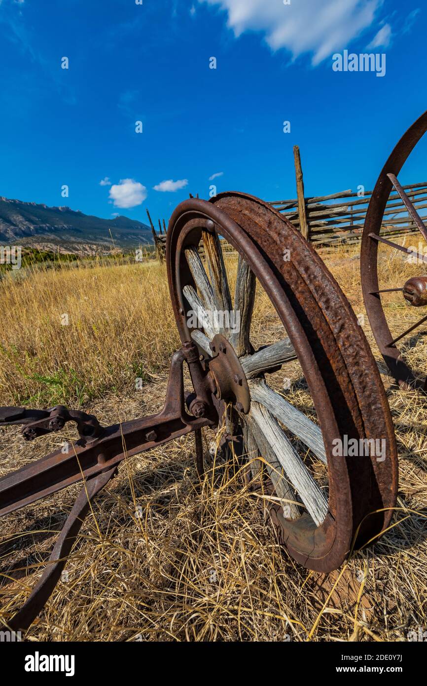 Old farm machinery at the historic Ewing-Snell Ranch at Bighorn Canyon ...