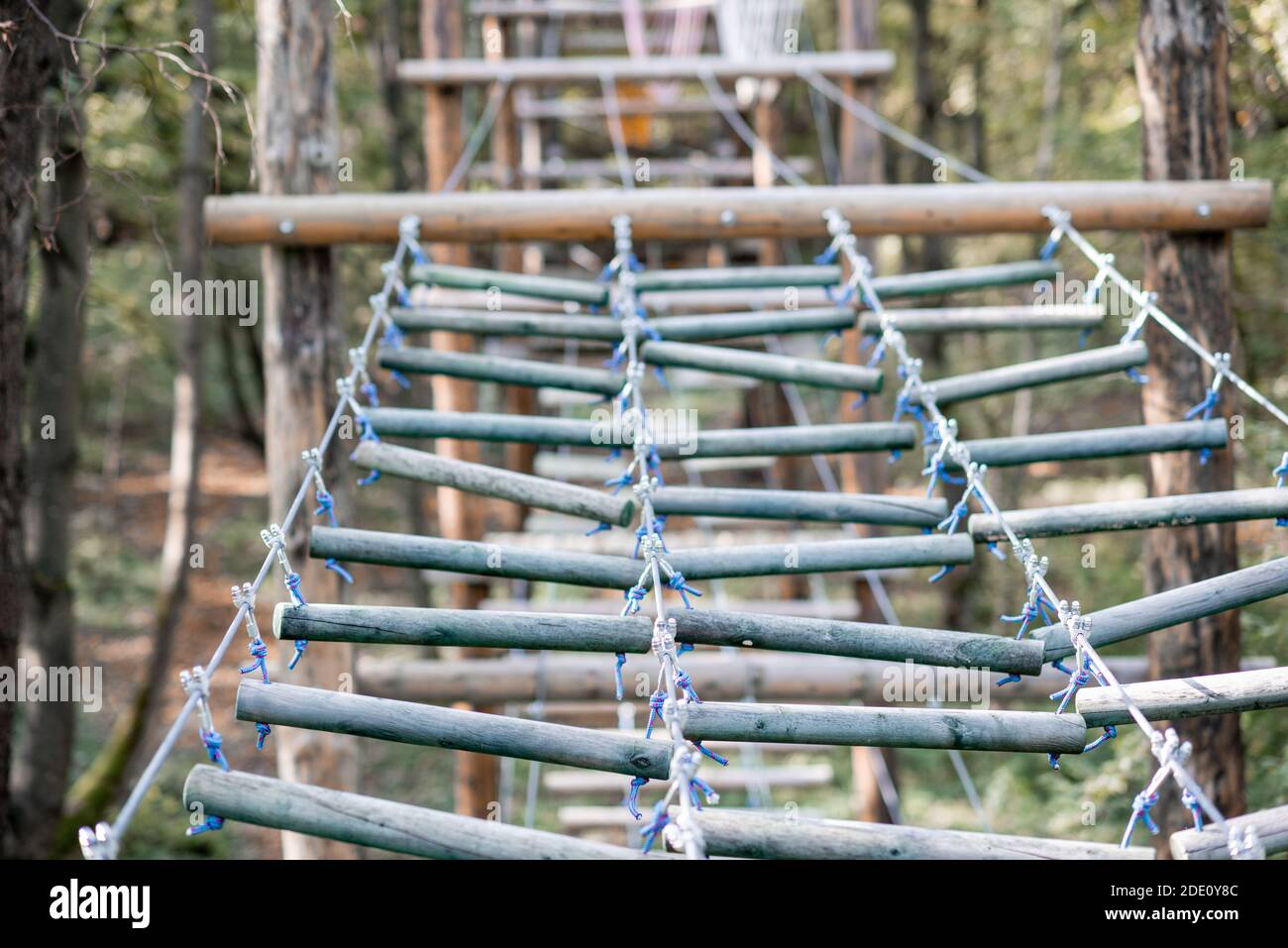 Rope park with obstacles in the forest Stock Photo - Alamy
