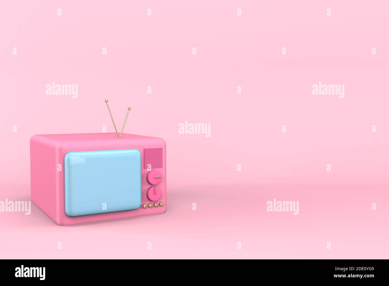 3d render of an old TV. Pink cartoon TV with blue screen on a pink ...