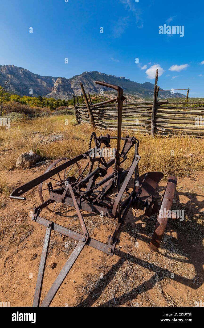 Old farm machinery at the historic Ewing-Snell Ranch at Bighorn Canyon ...