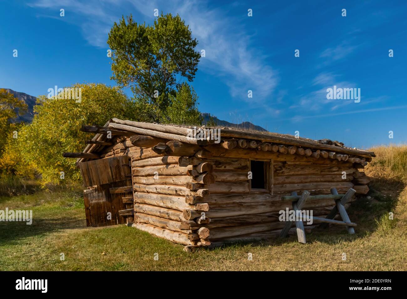 Log barn at the historic Ewing-Snell Ranch at Bighorn Canyon National ...