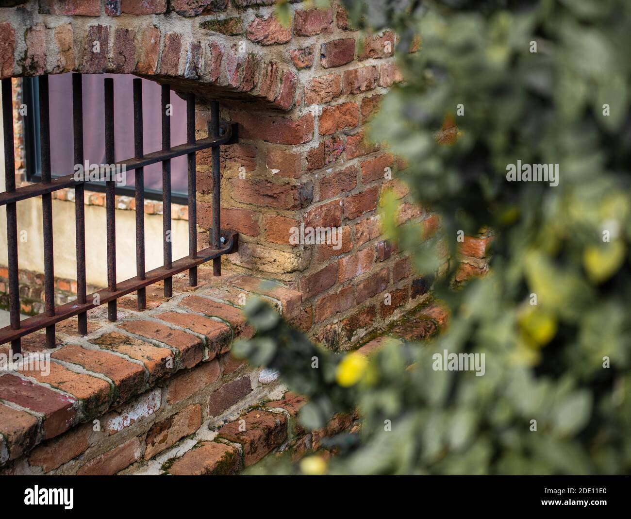 Brick wall with iron bars Stock Photo - Alamy