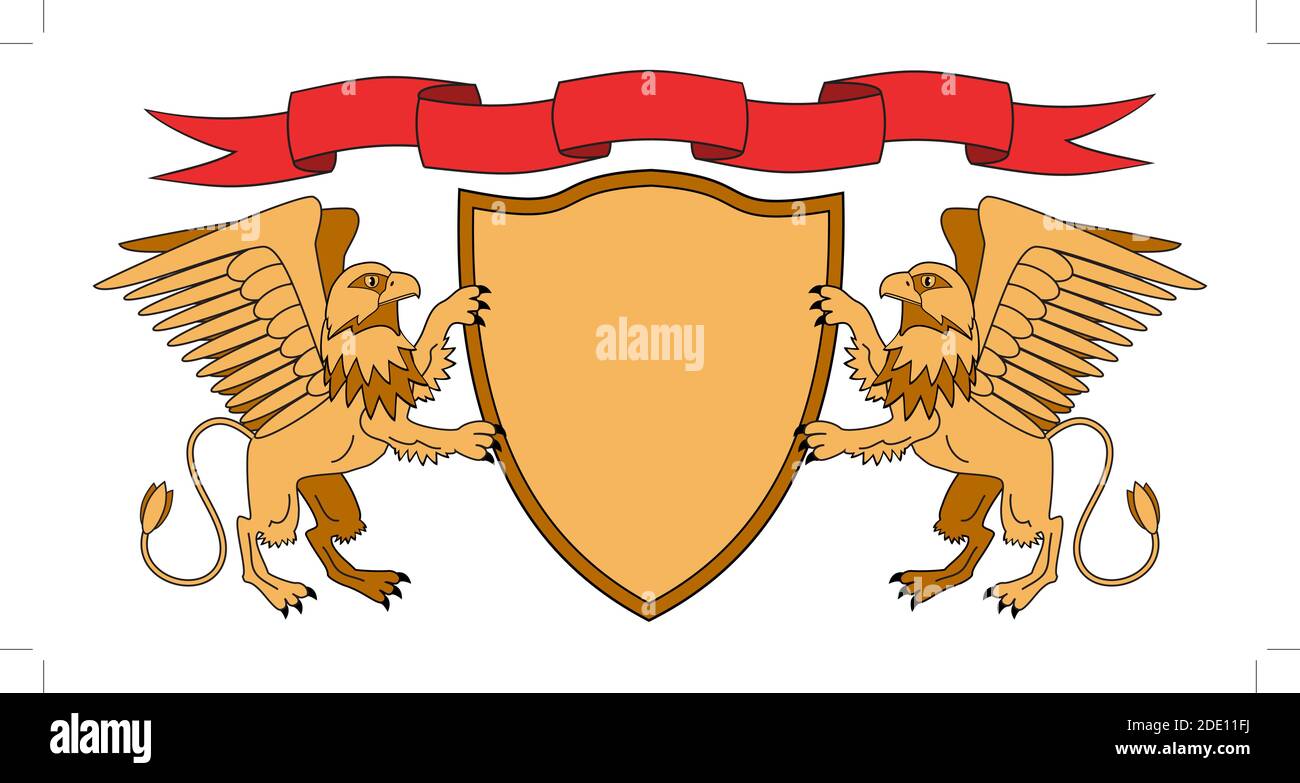 Griffins holding a shield. Shield with ribbon. Heraldry. Medieval ...